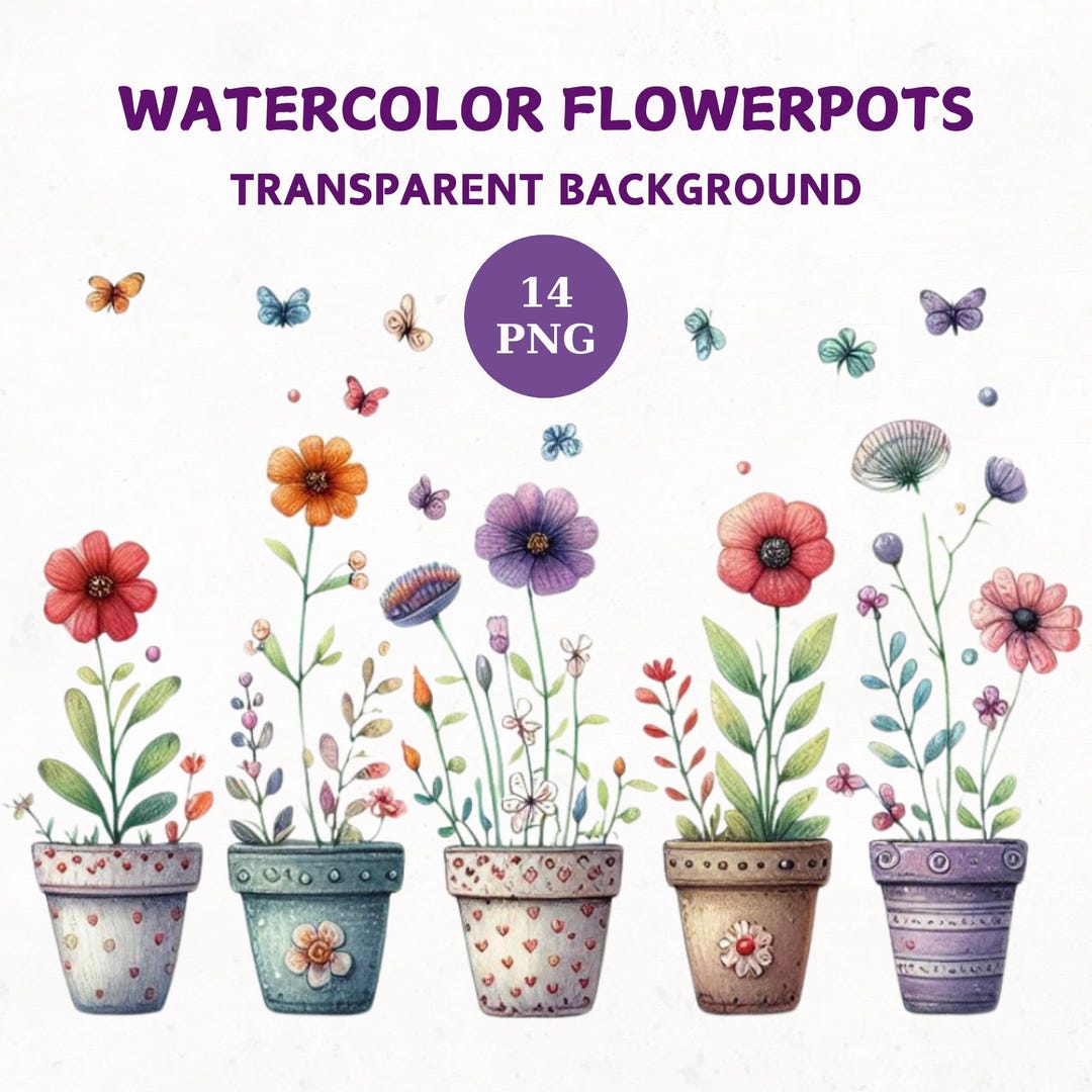 Watercolor Flowers in Pots Clipart Bundle (14 PNG) - Etsy