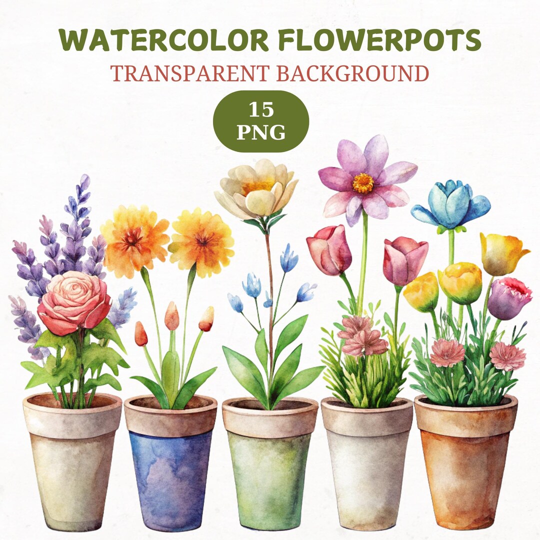 Watercolor Flowerpots Clipart Bundle: Spring Floral PNG (digital ...