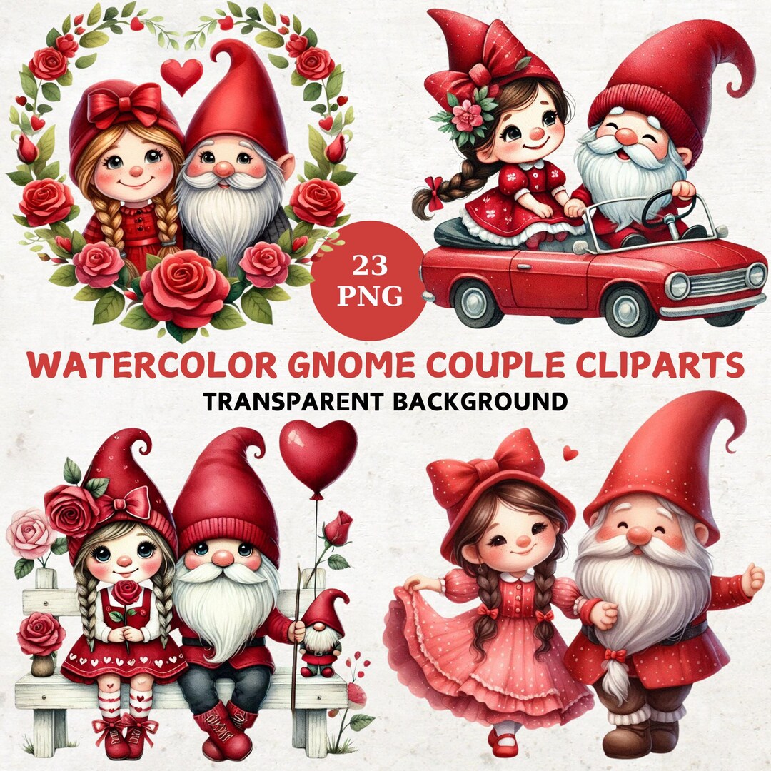 Watercolor Valentine's Gnome Couple Cliparts: 23 PNG Graphics (digital ...
