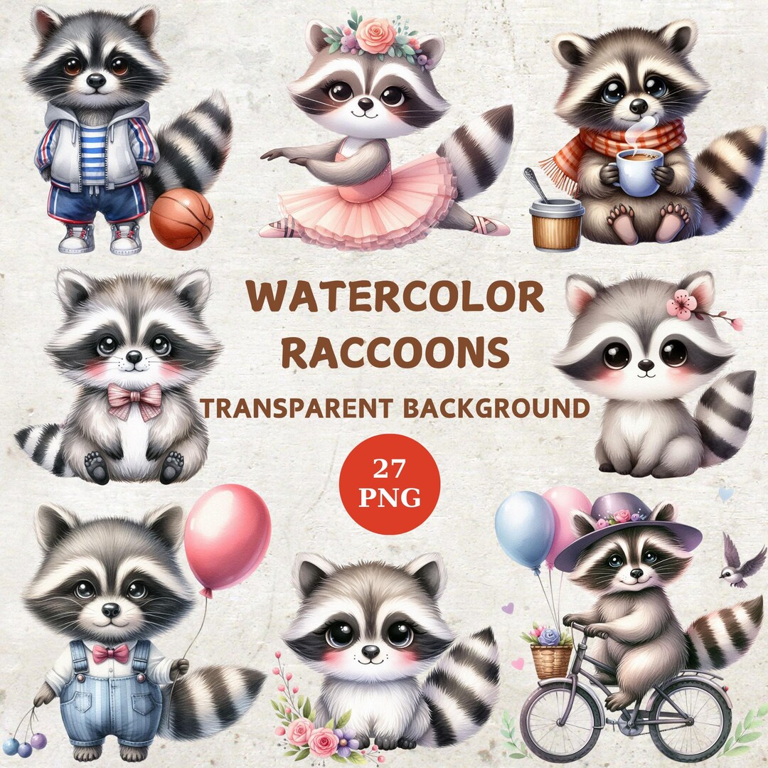 Watercolor Raccoon Clipart Bundle, 27 Transparent Png Illustrations for ...