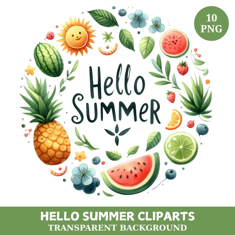 Watercolor Hello Summer Clipart Bundle, 10 Transparent Png, Summer ...