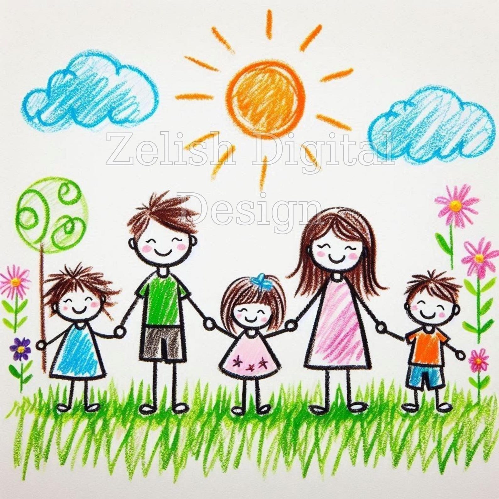 Family Stick Figure Clipart: Crayon Style Illustrations (JPG Bundle) - Etsy
