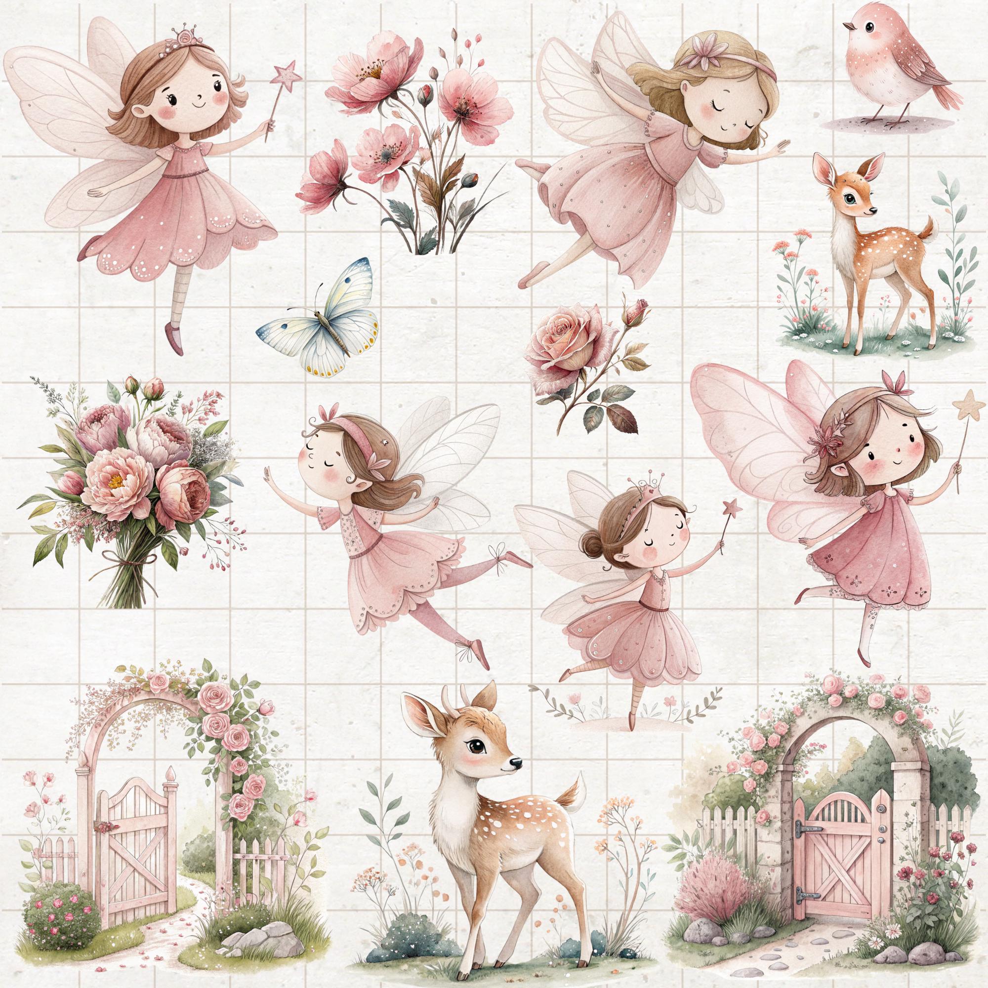 Watercolor Fairy Garden Clipart Bundle, 40 Transparent Png, Cute Fairy ...