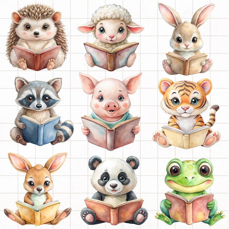 Watercolor Baby Animal Reading Clipart: Bookish Nursery Decor (PNG ...