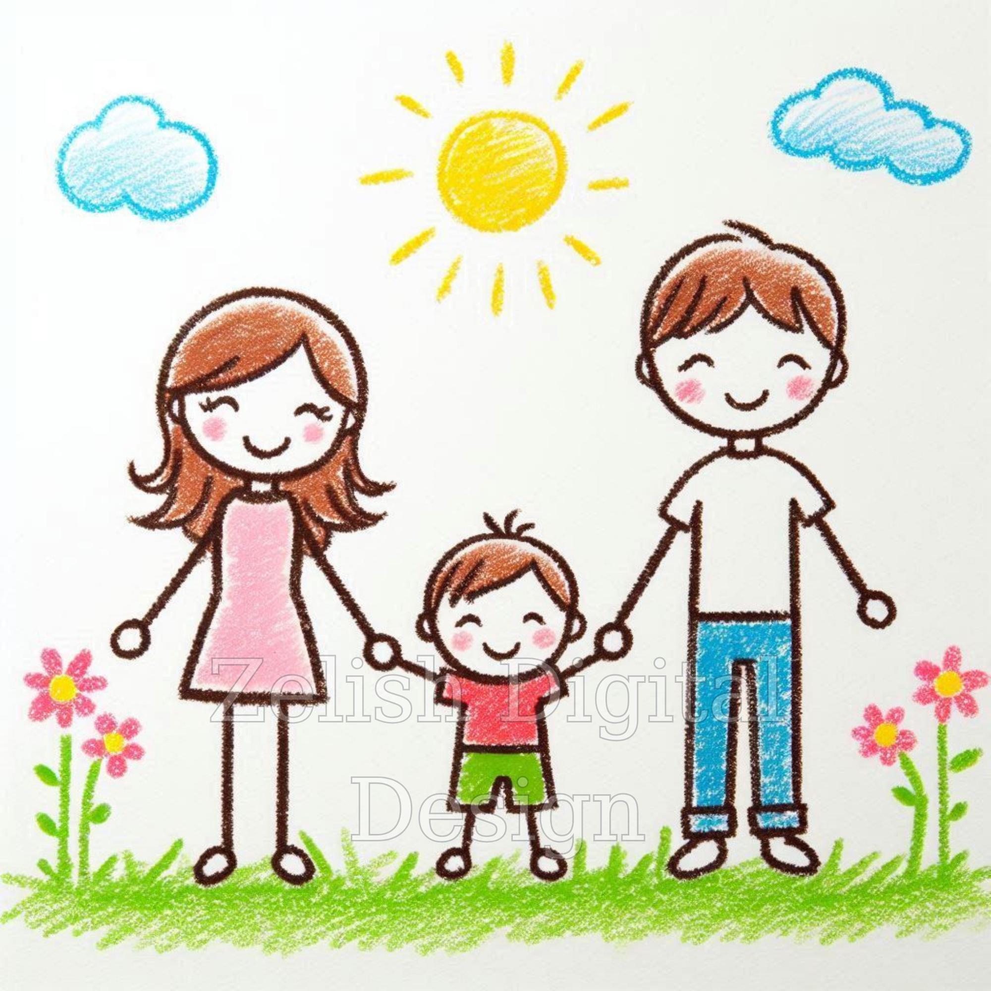 Family Stick Figure Clipart: Crayon Style Illustrations (JPG Bundle) - Etsy