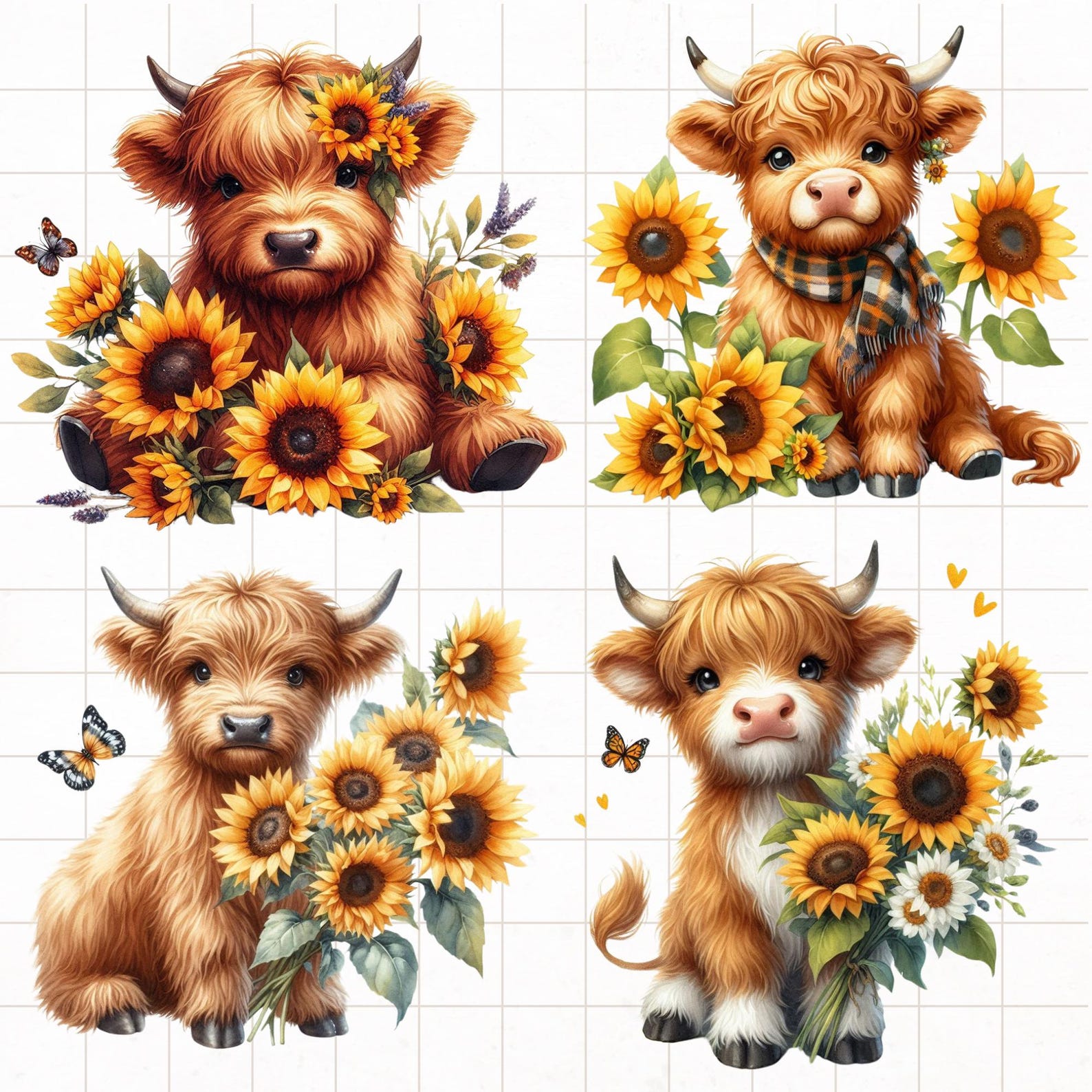 Highland Cow Sunflower Clipart Bundle, 20 Watercolor Transparent Png ...