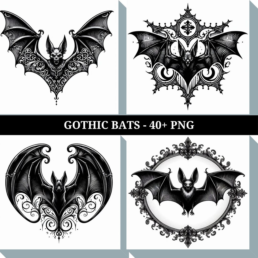 Black and White Gothic Bat Bundle, 44 Png for DIY Crafts, Bat Png ...