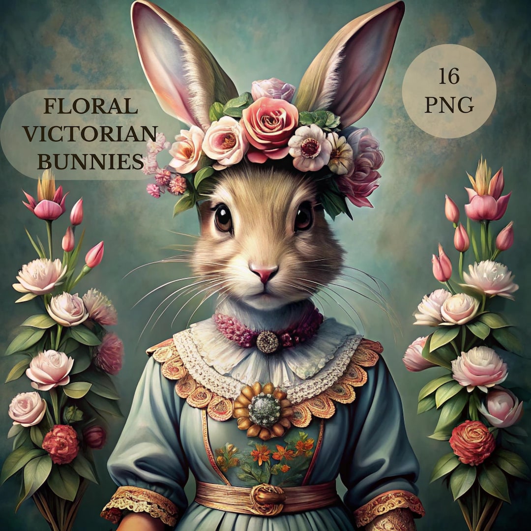 16 Floral Victorian Bunny Clipart Bundle Vintage Rabbit Printable Bunny ...