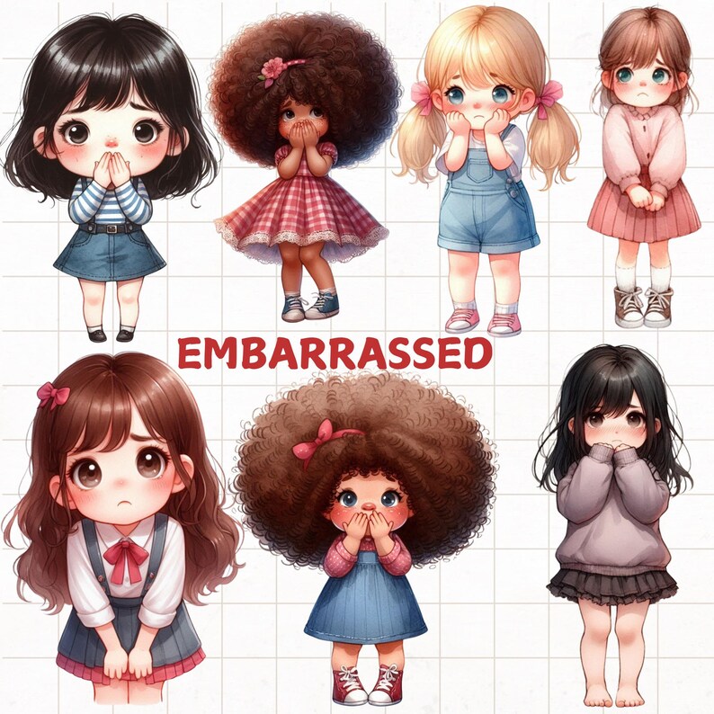 Watercolor Girl Emotions Clipart Bundle: 64 PNG Illustrations (digital ...