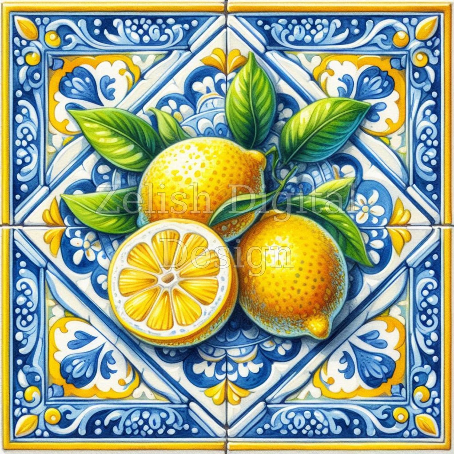 Lemon Tile Clipart: Mediterranean Watercolor Digital Paper (digital ...