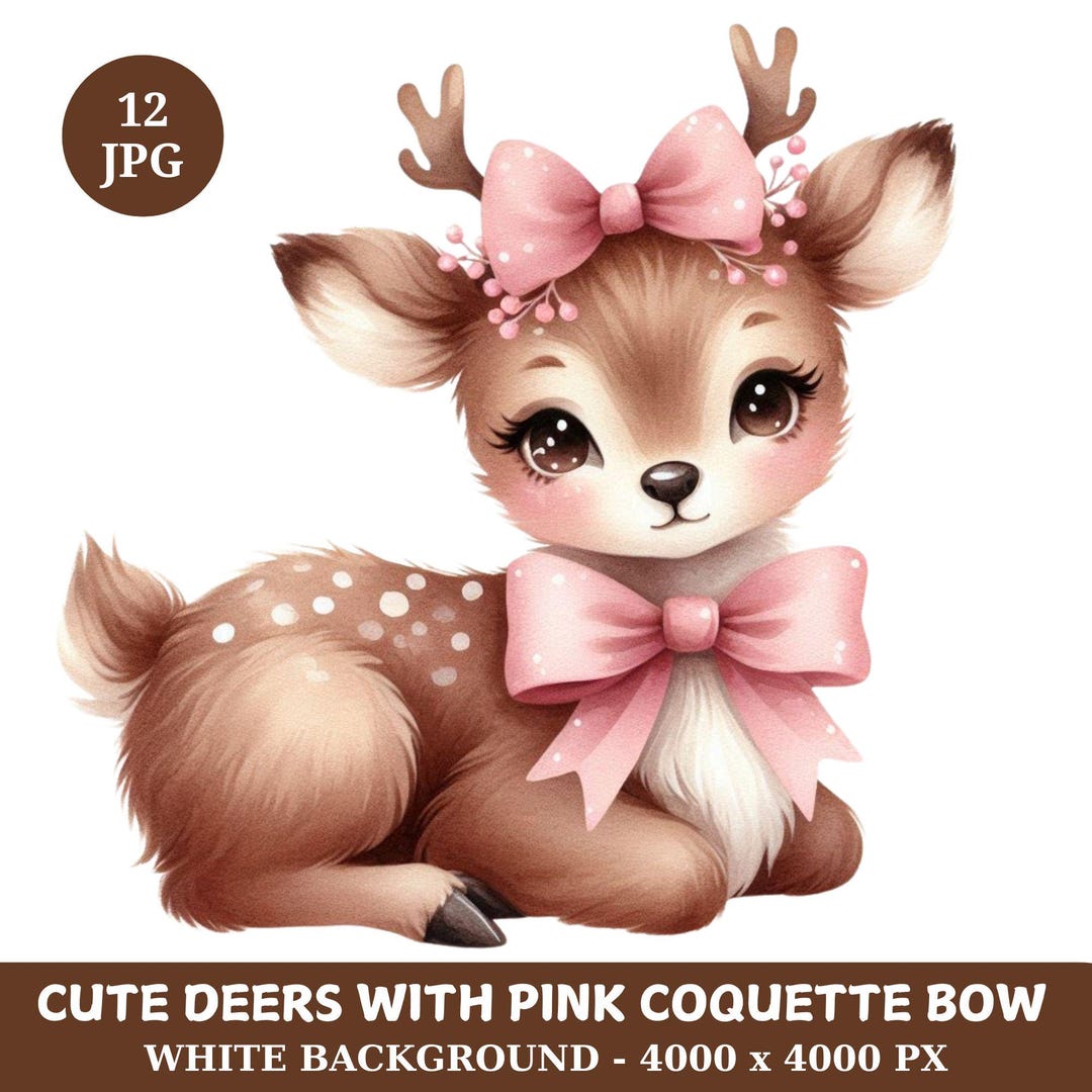 Watercolor Deer Clipart Bundle, Pink Bows, Nursery Art (JPG Digital ...