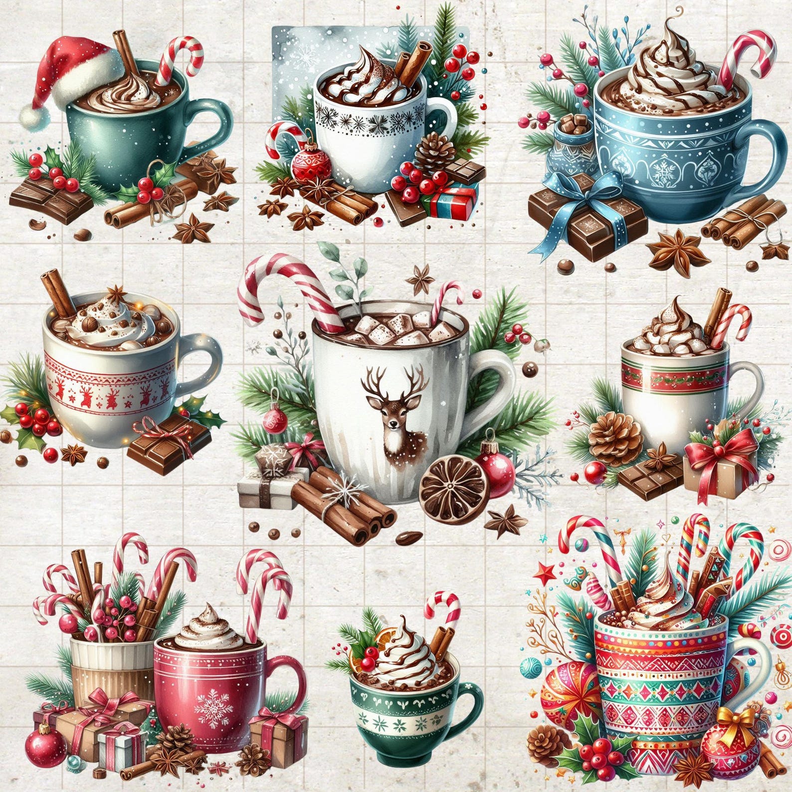 Watercolor Christmas Hot Chocolate Clipart Bundle, 33 Png Images ...