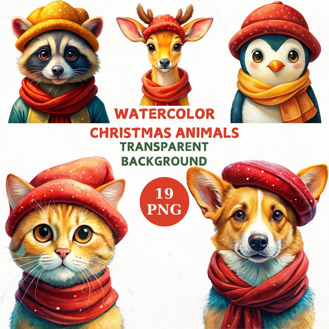 Watercolor Christmas Animals Clipart Bundle: 19 Pngs, Holiday Decor ...