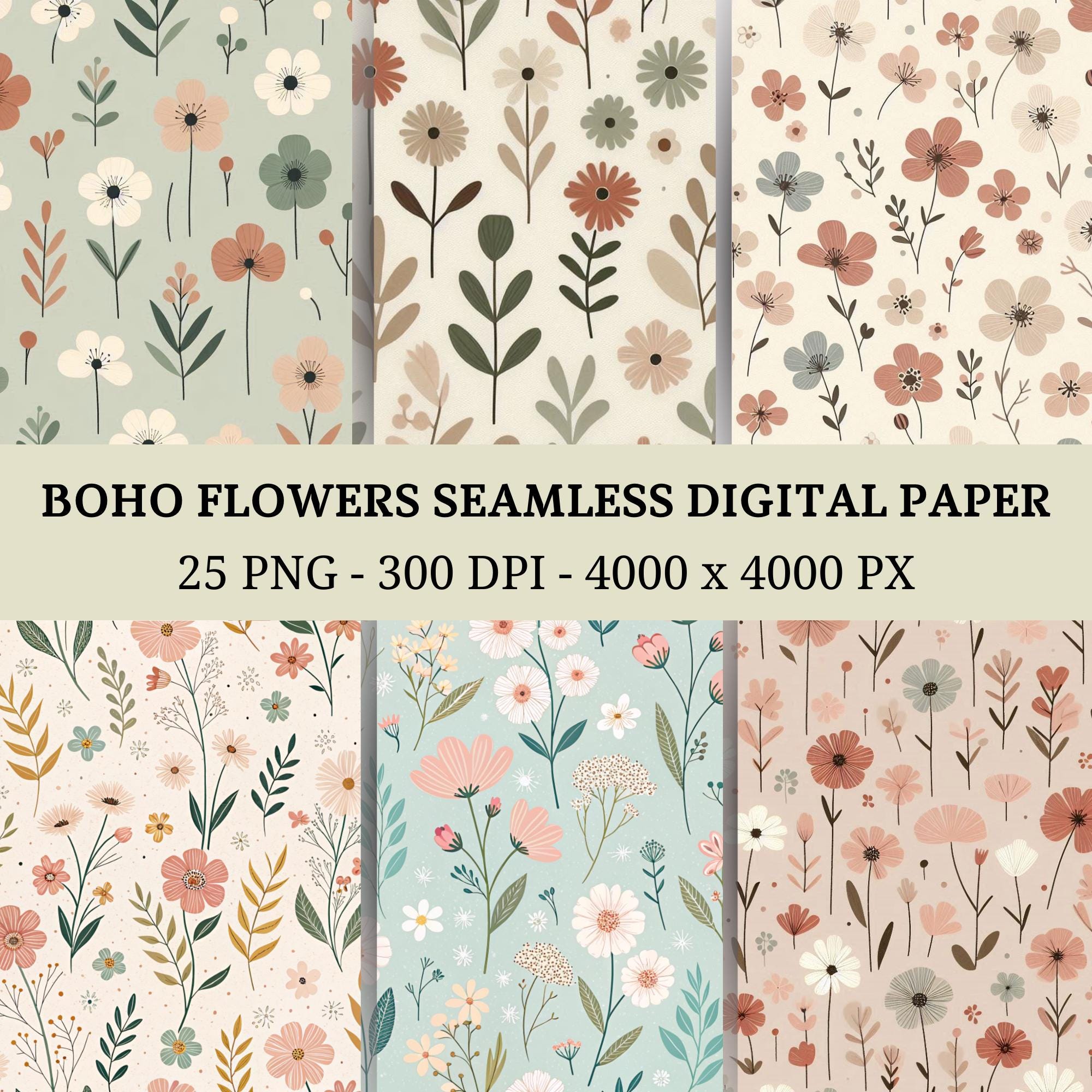 25 Boho Flowers Seamless Digital Paper Png, Floral Paper Printable ...