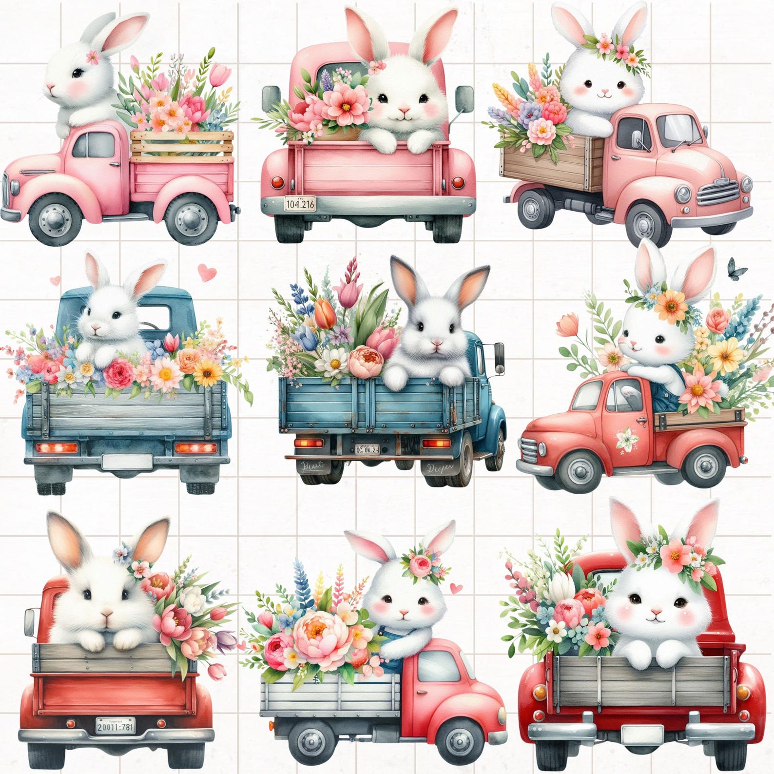 Watercolor Spring Bunny Clipart: Floral Truck Designs (32 PNG) - Etsy