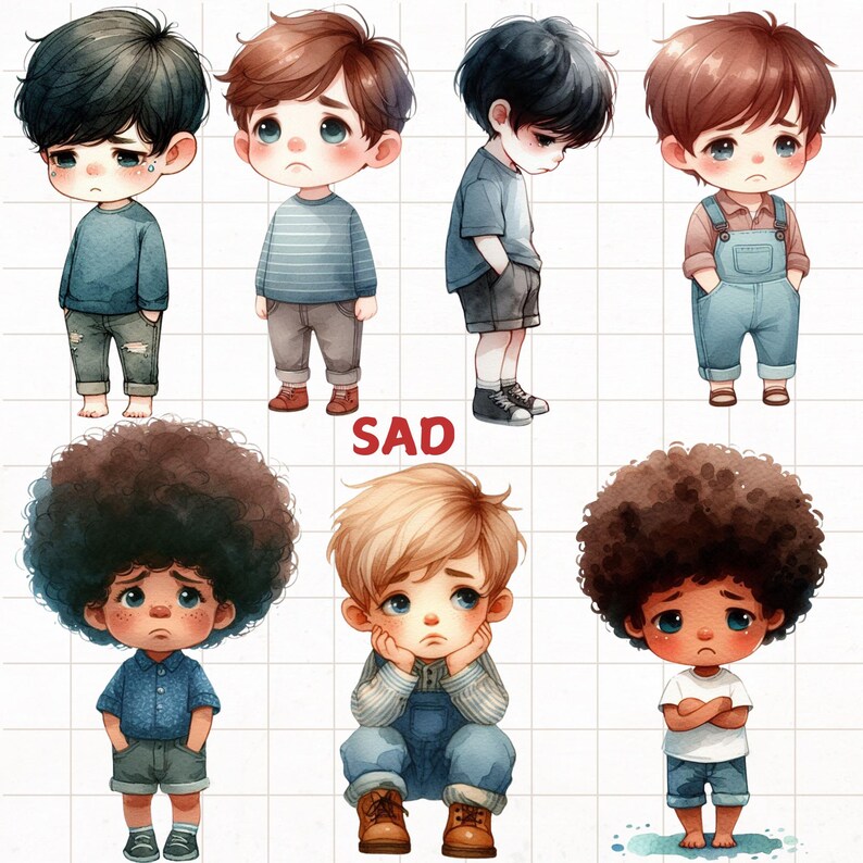 Watercolor Boy Emotions Clipart Bundle: 64 PNG Illustrations (digital ...