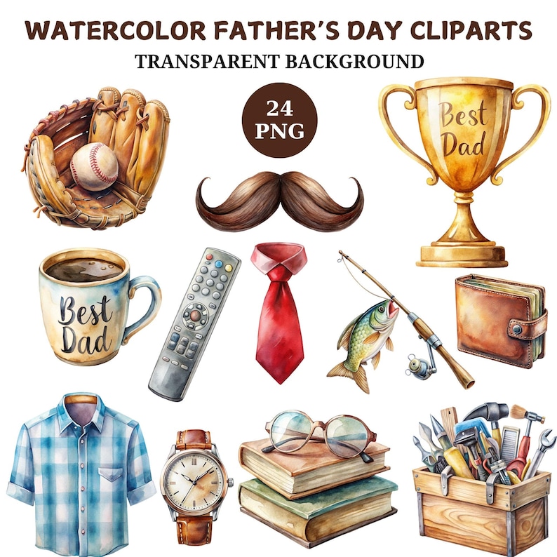 Watercolor Father's Day Clipart Bundle: Dad Theme PNG Set (digital ...