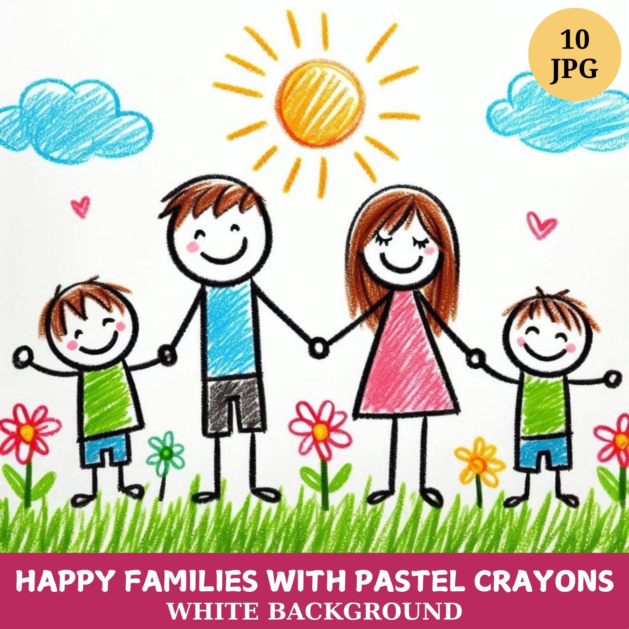 Family Stick Figure Clipart: Crayon Style Illustrations (JPG Bundle) - Etsy