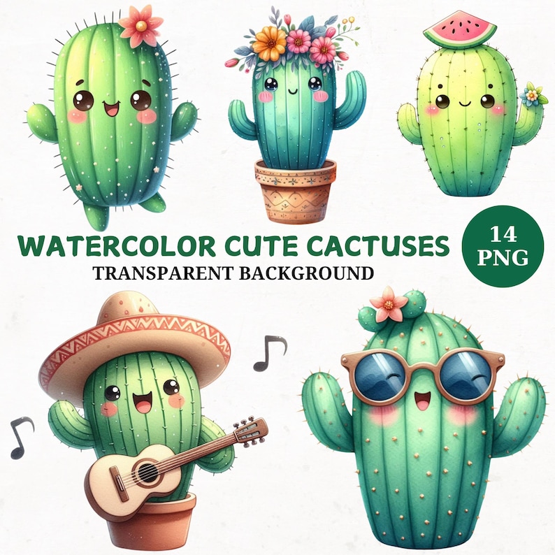 Watercolor Kawaii Cactus Clipart Bundle: Nursery Decor (digital ...