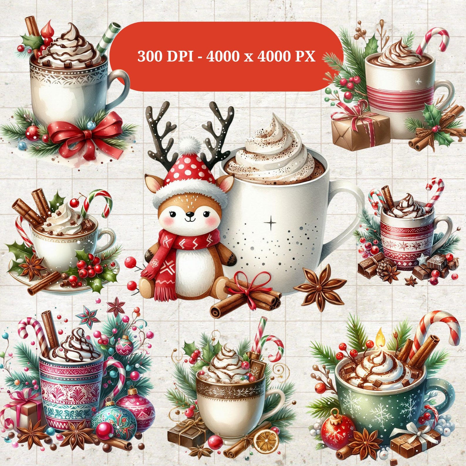 Watercolor Christmas Hot Chocolate Clipart Bundle, 33 Png Images ...