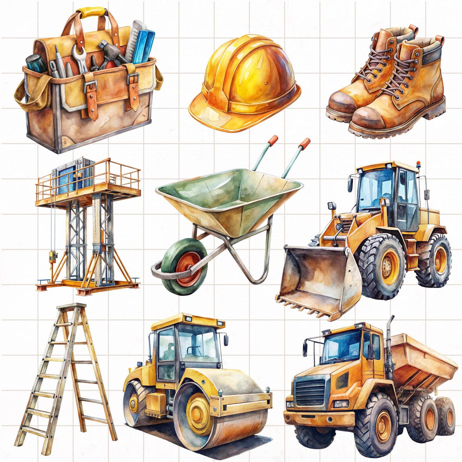 Watercolor Construction Clipart Bundle: 42 PNG Tools & Vehicles ...