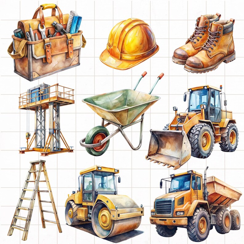 Watercolor Construction Clipart Bundle: 42 PNG Tools & Vehicles ...
