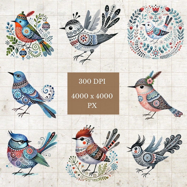 Watercolor Folk Art Bird Clipart: Floral PNG Bundle (20 Transparent ...