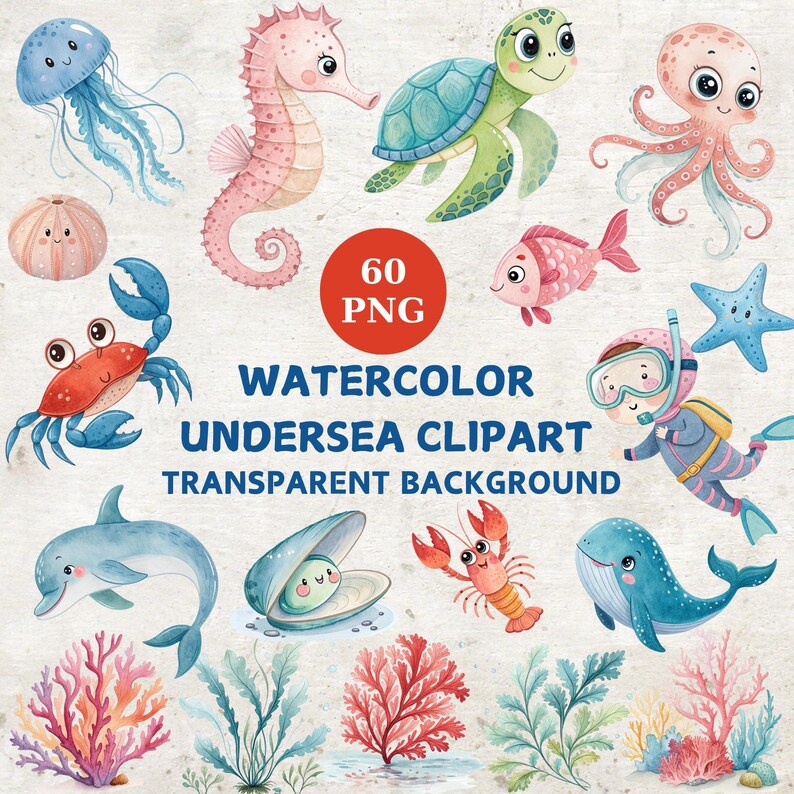 Watercolor Sea Animals Clipart Bundle: 60 PNG Nursery Graphics (digital ...