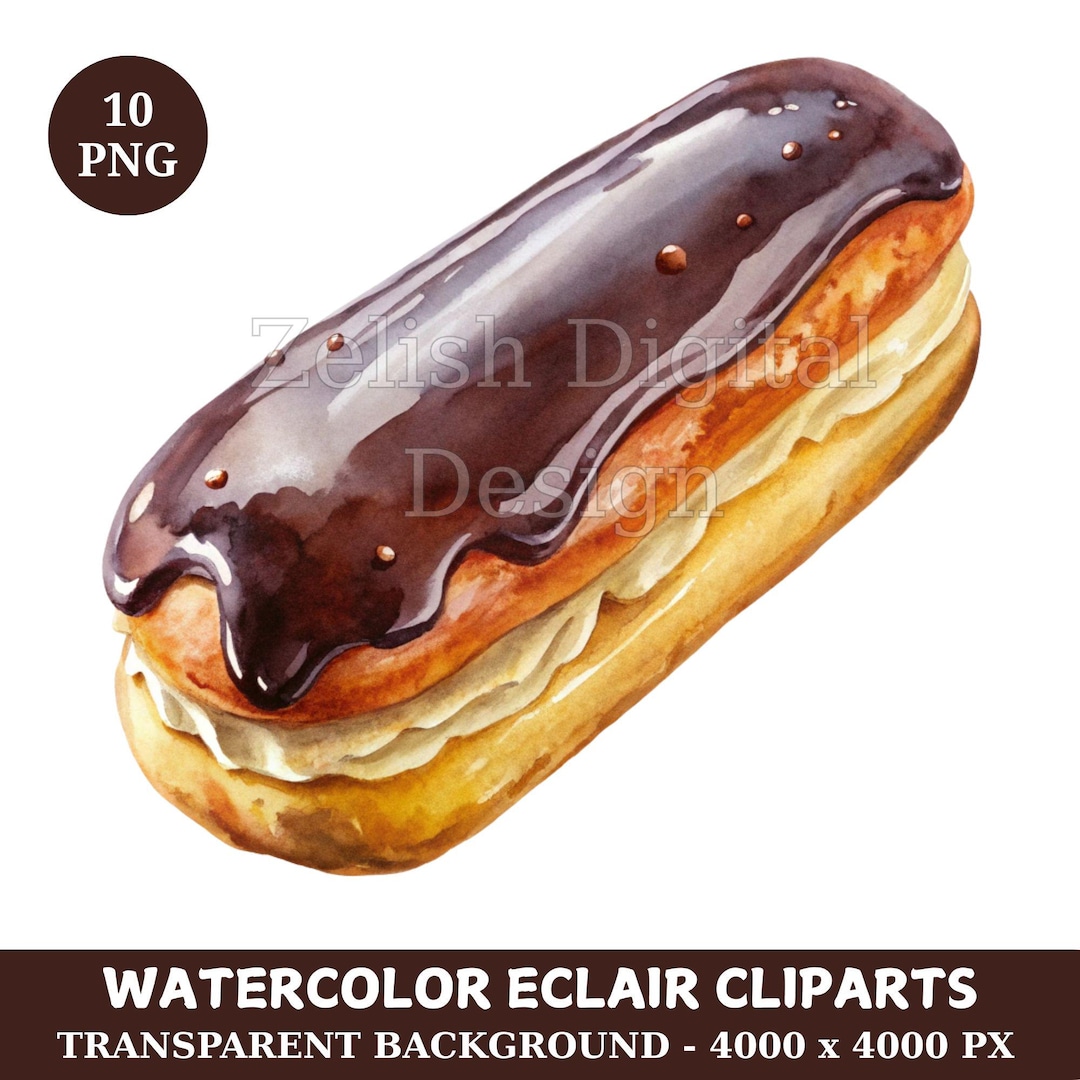 Watercolor Chocolate Eclair Clipart: French Pastry PNG Images, Digital ...