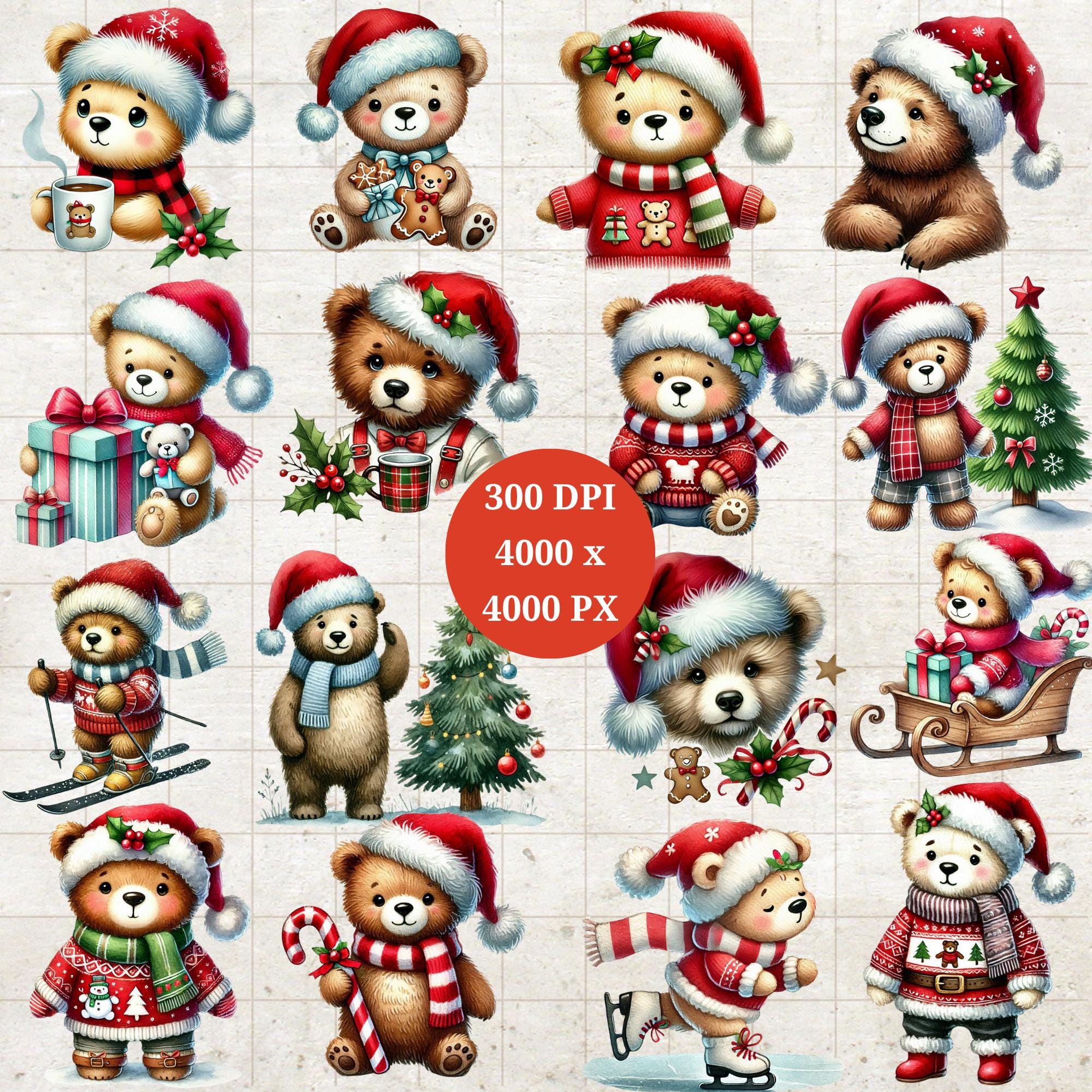 Watercolor Christmas Bears Clipart Bundle, 40 Transparent Background ...
