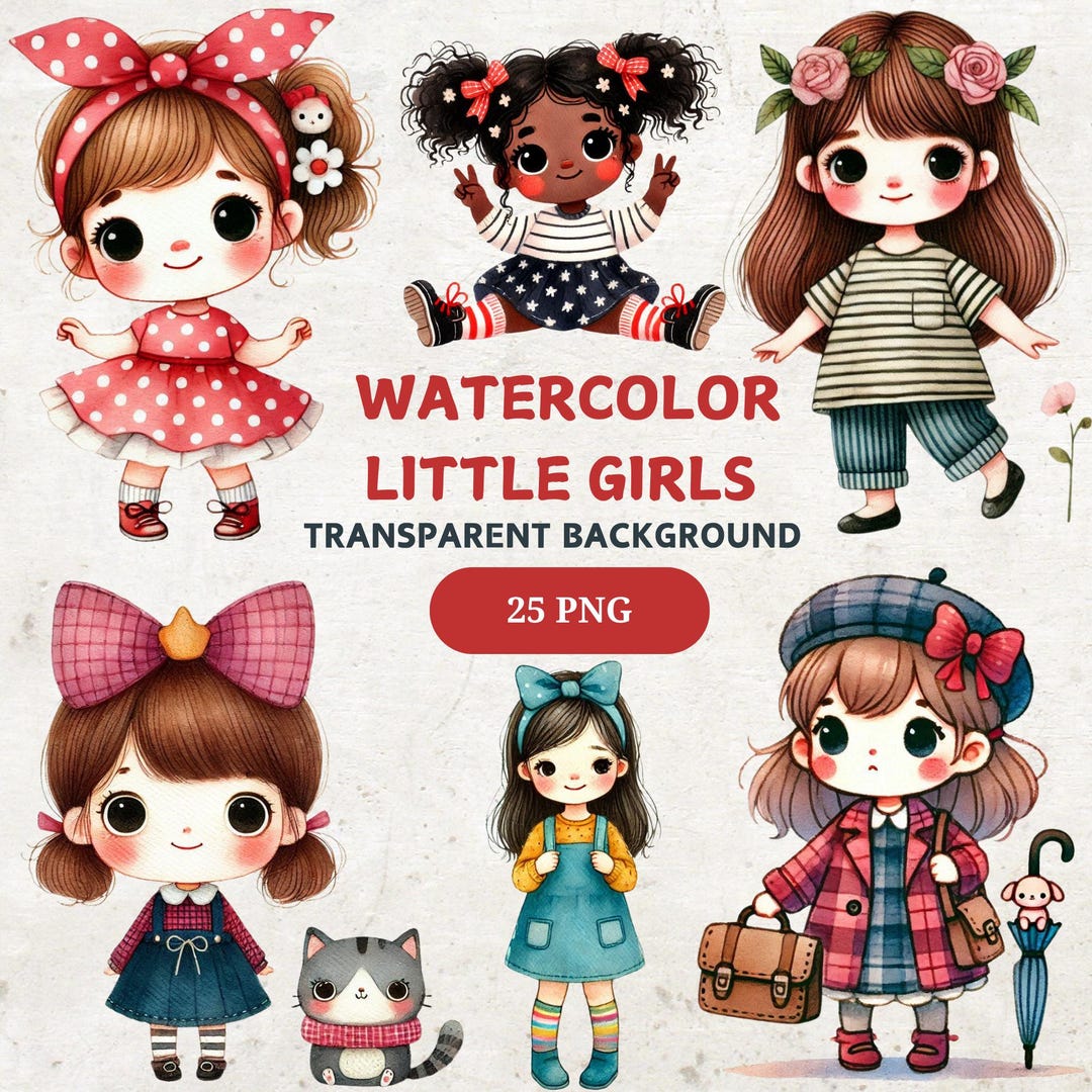 Watercolor Little Girl Clipart Bundle, 25 Transparent Png, Printable ...
