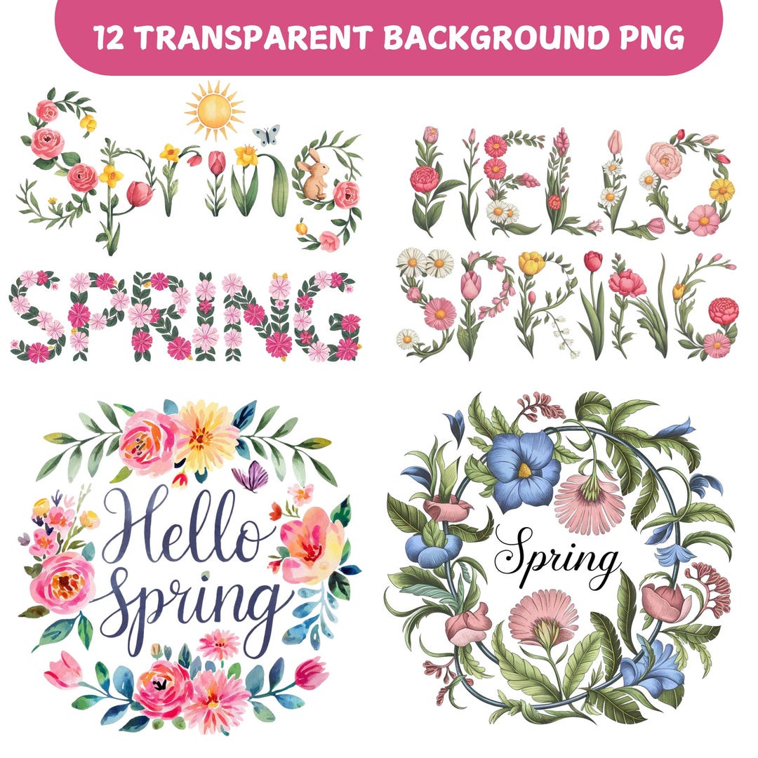 Floral Spring Clipart Bundle: Watercolor Spring Text PNG (digital ...