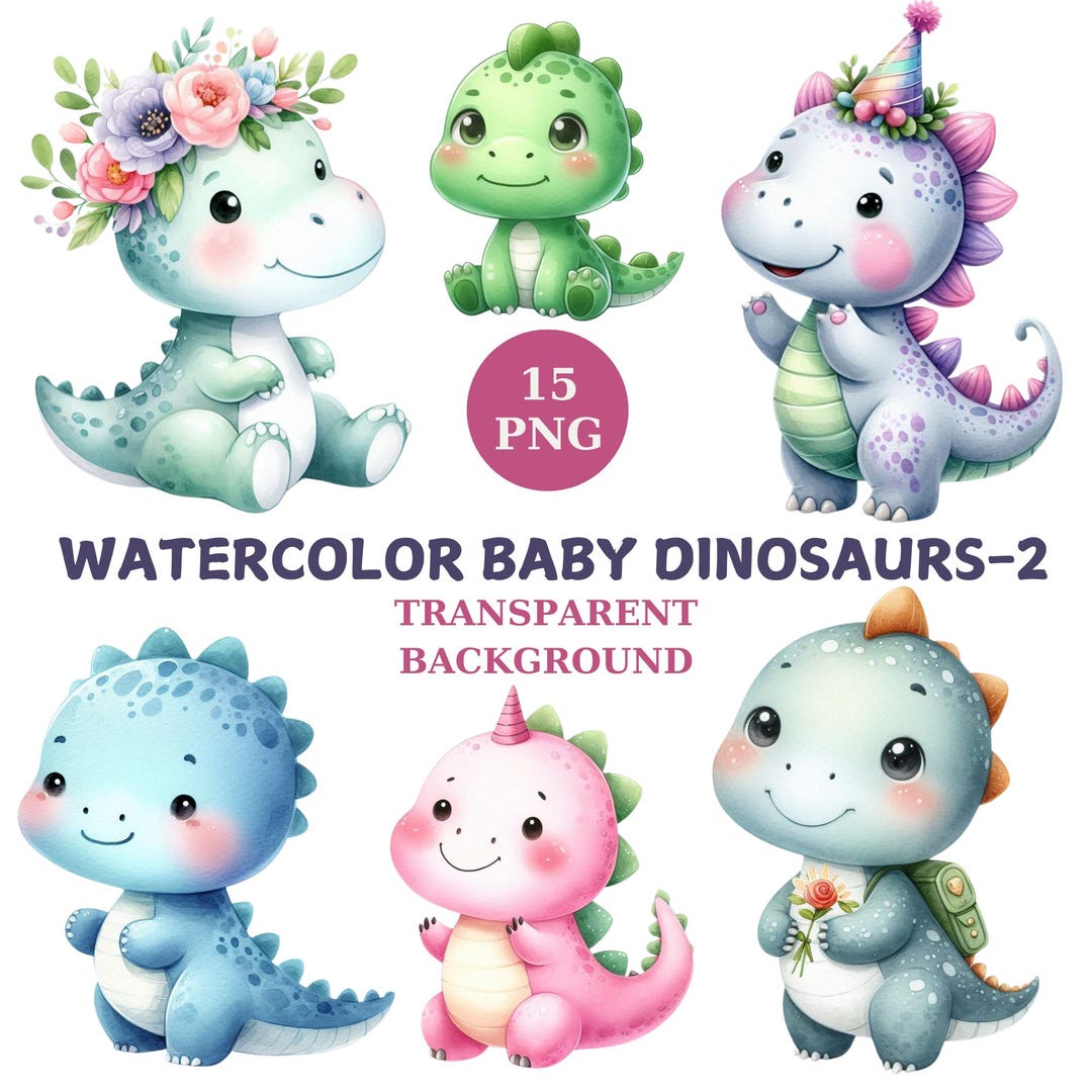 Watercolor Baby Dinosaur Clipart: 15 PNG Illustrations (digital ...