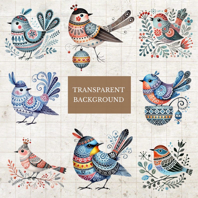 Watercolor Folk Art Bird Clipart: Floral PNG Bundle (20 Transparent ...