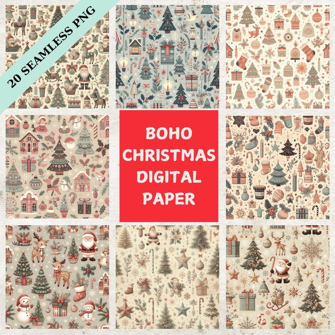 Seamless Boho Christmas Digital Paper Set, 20 Png, Festive Holiday ...