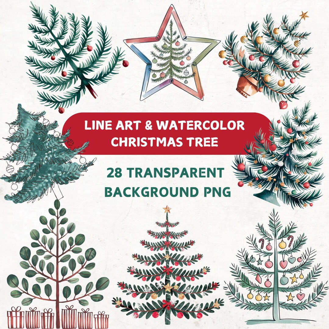 28 Line Art Christmas Tree Clipart Bundle, Watercolor Christmas Tree ...