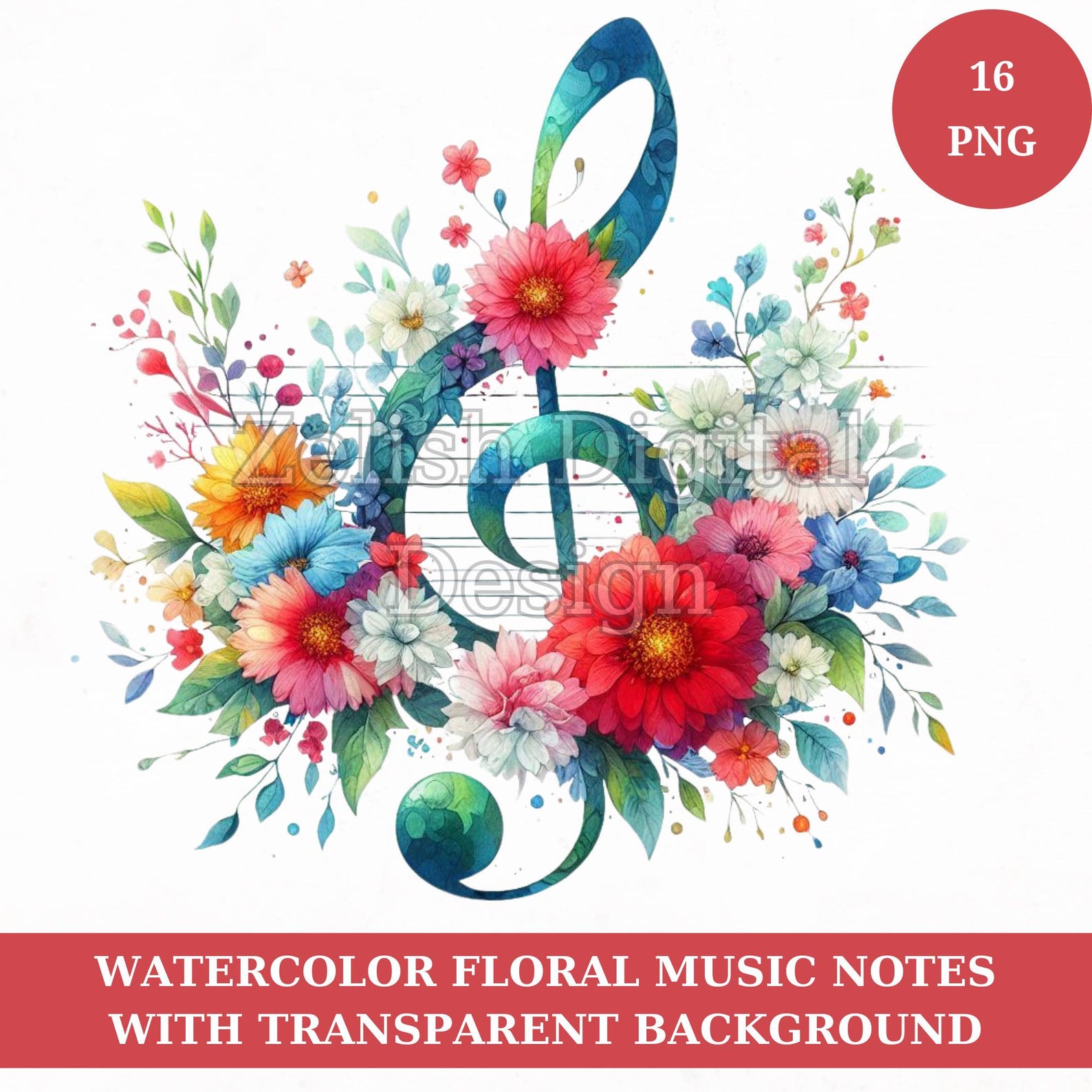 Floral Music Note Clipart Bundle, 16 Transparent Png, Printable ...