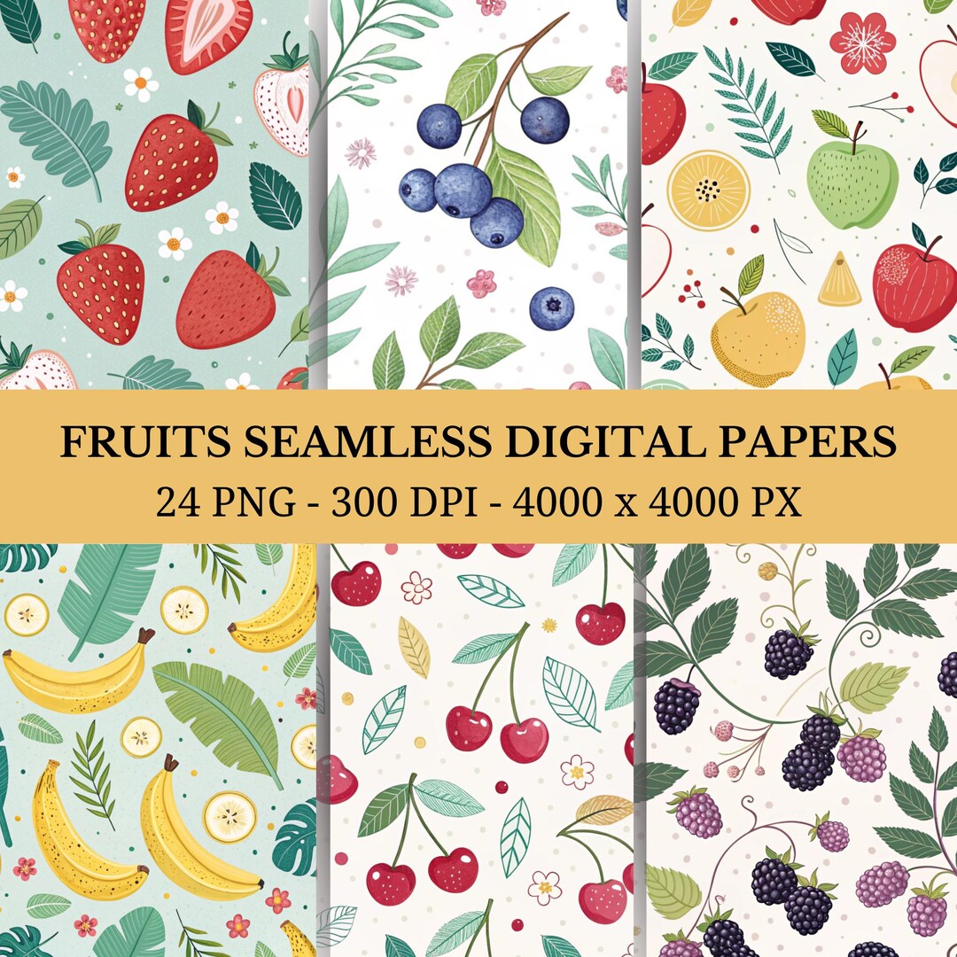 Fruit Digital Papers, 24 Seamless Pattern Png, Cute Fruit Backgrounds Seamless Summer Fruit ...