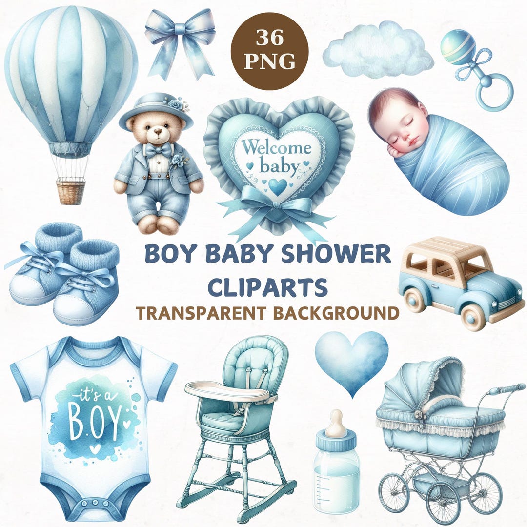 Boy Baby Shower Clipart: 36 Watercolor PNG Illustrations (digital ...