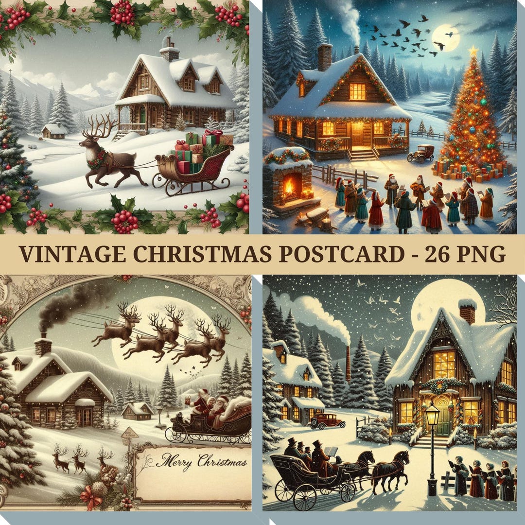 Vintage Christmas Postcard Bundle, 26 Png Images for Holiday Crafts ...