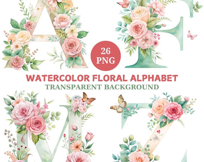 Floral Alphabet Letter Clipart Bundle 26 High Quality PNG, Watercolor ...