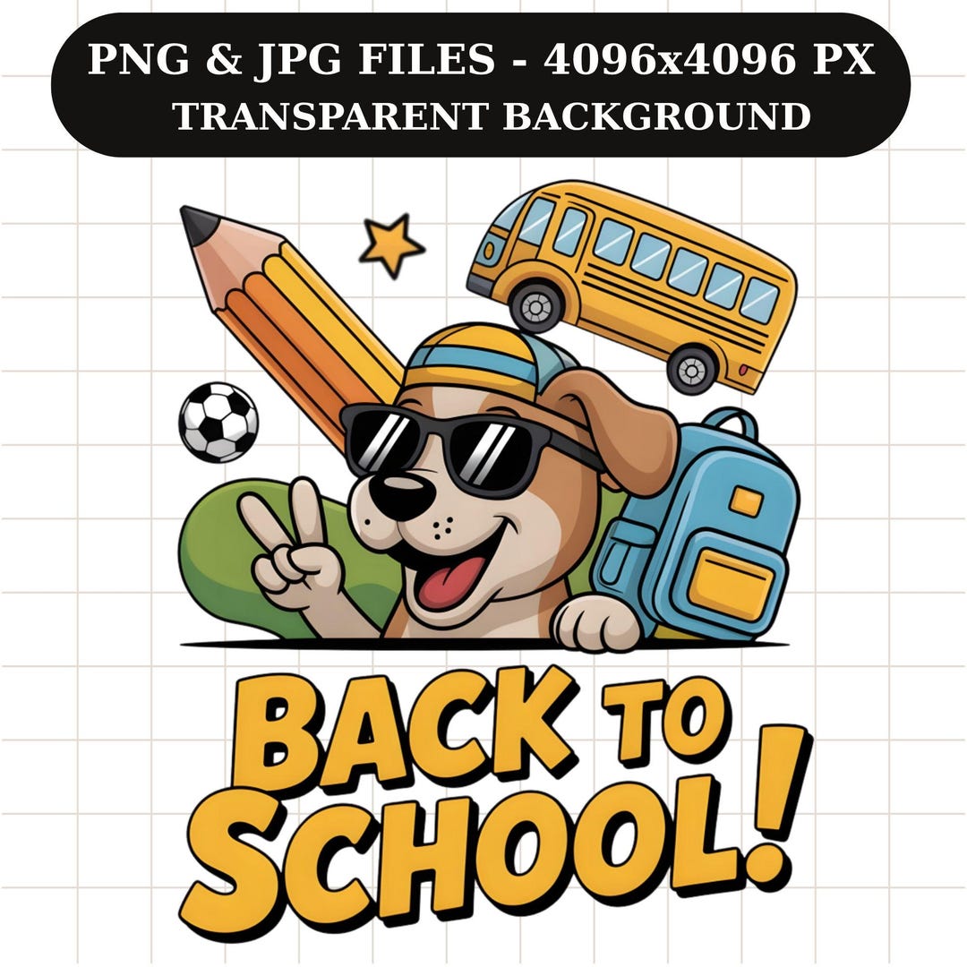 Back to School Dog Clipart: Cartoon School Bus, Backpack (PNG, JPG ...