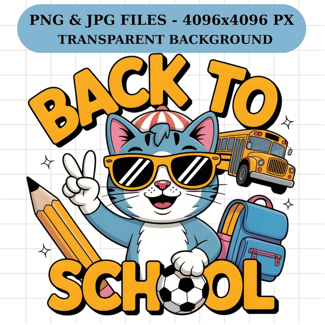 Back to School Cat Clipart: Cartoon School Design (PNG, JPG Instant ...