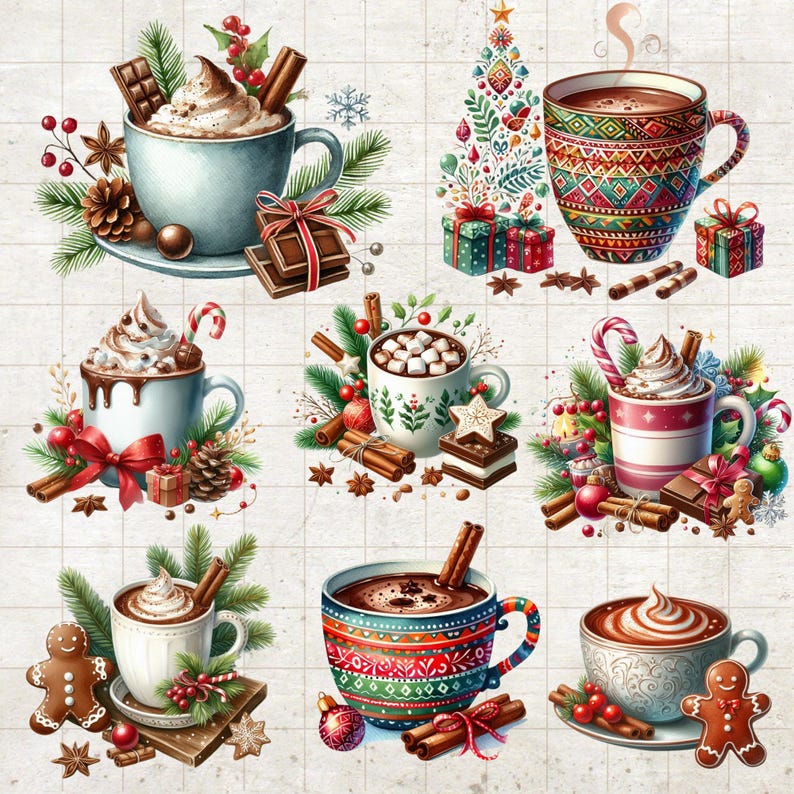 Watercolor Christmas Hot Chocolate Clipart Bundle, 33 Png Images ...