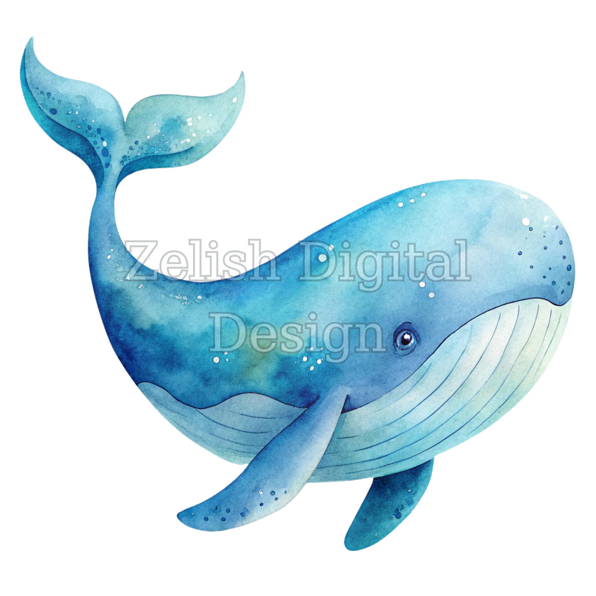 Watercolor Whale Clipart Bundle, Cute Whale Illustration, Printable ...