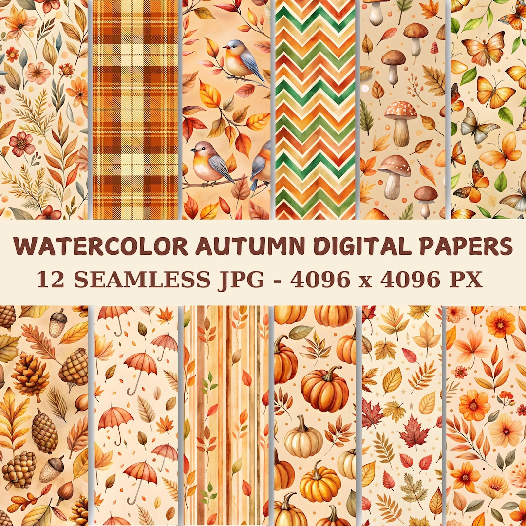 Watercolor Autumn Digital Paper: Seamless Fall Leaves, Pumpkins ...