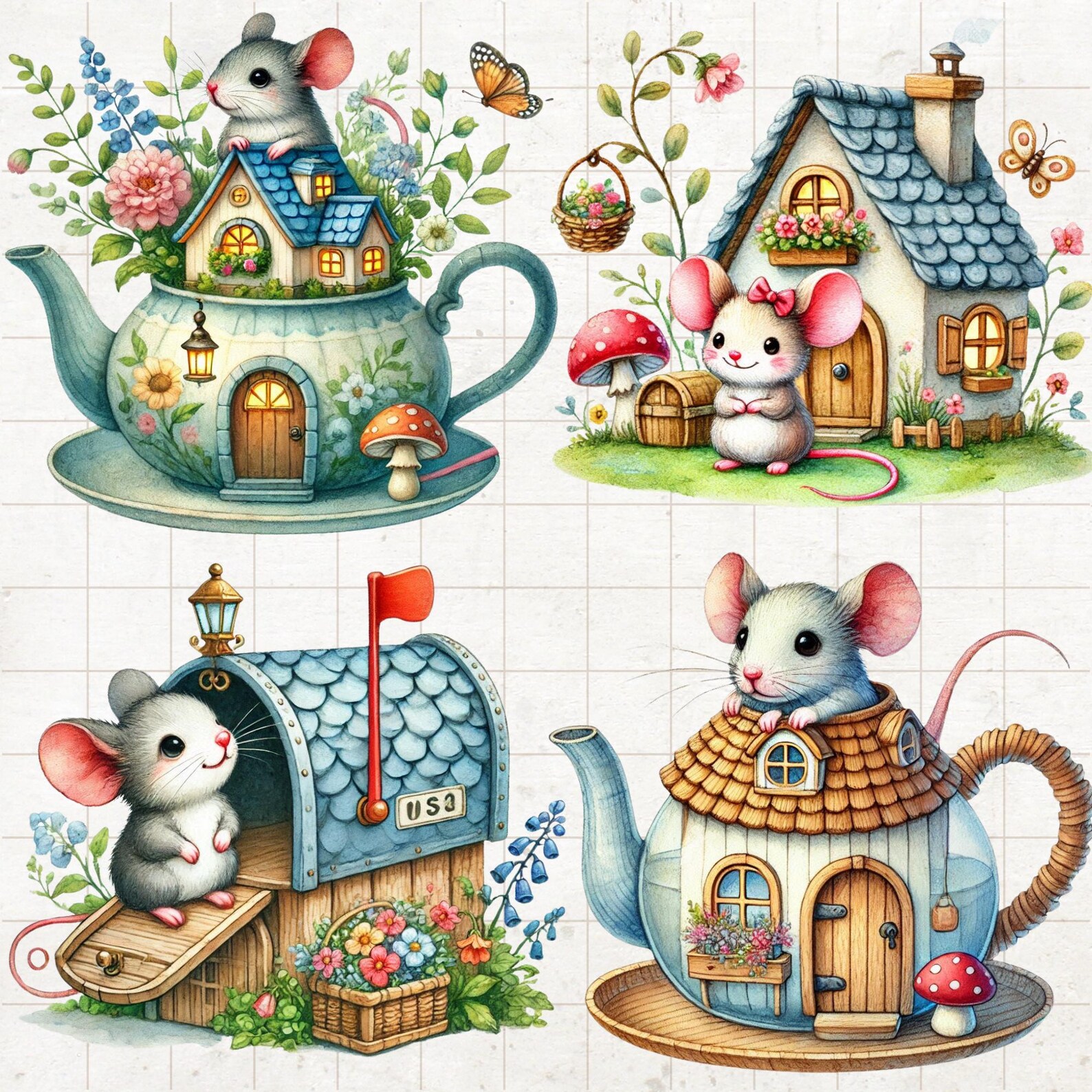Watercolor Mouse House Clipart: Whimsical PNG Bundle (digital Download ...