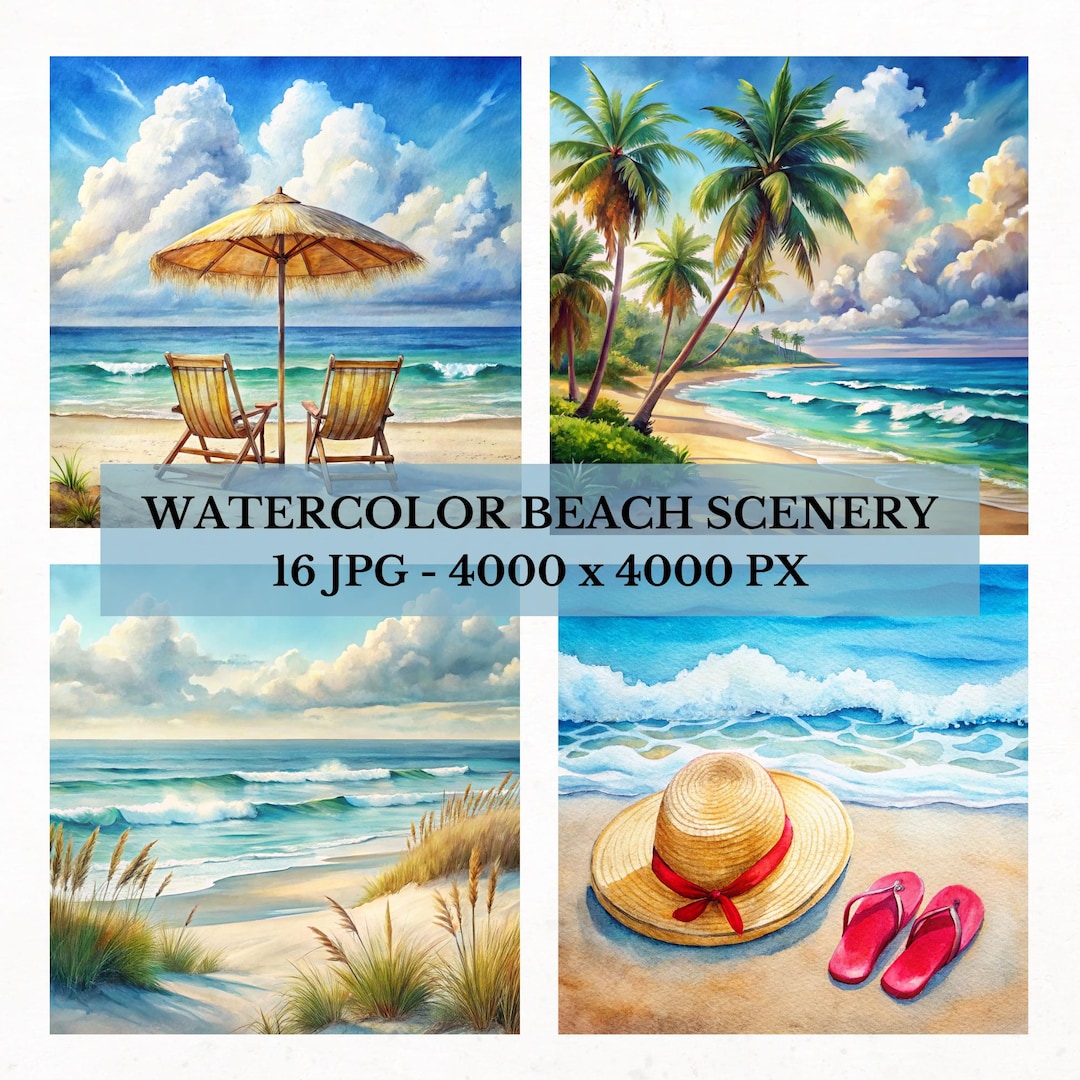 Watercolor Beach Clipart: 16 Summer Ocean Scenery Jpgs (4000x4000 Px ...
