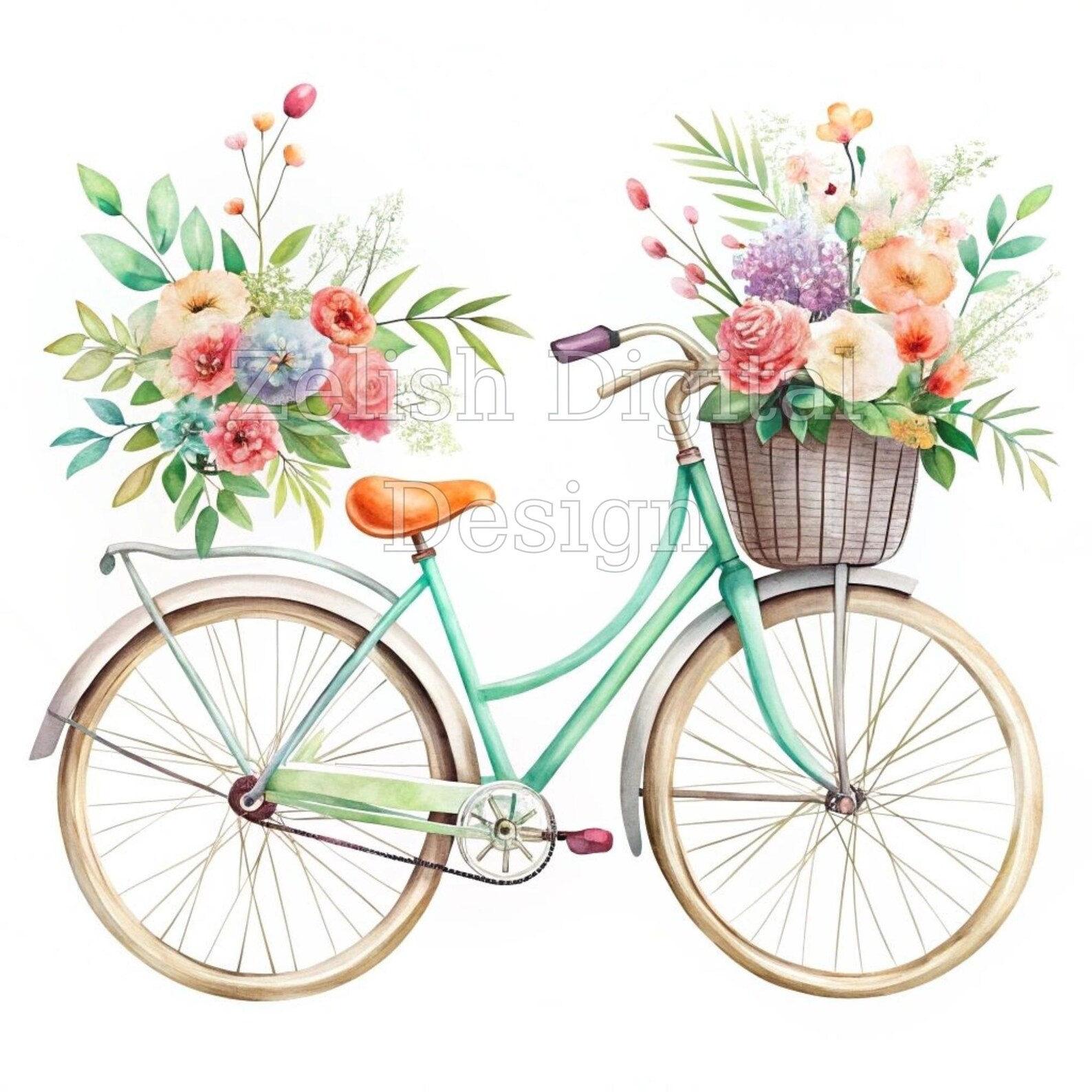 Watercolor Floral Bicycle Clipart: Vintage Bike Illustrations (digital ...