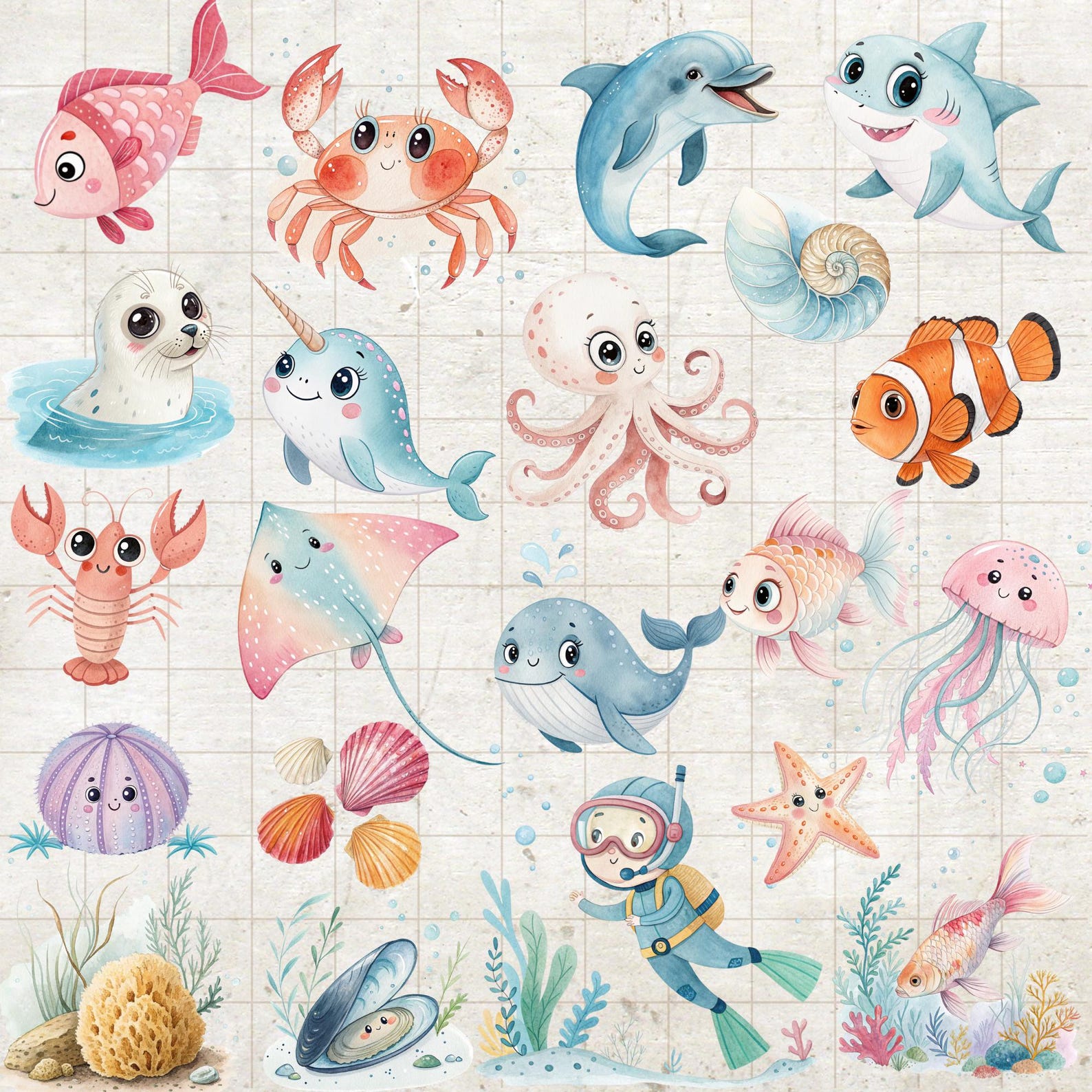 Watercolor Sea Animals Clipart Bundle: 60 PNG Nursery Graphics (digital ...